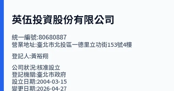 英伍投資股份有限公司的照片-統編 80680887(臺北市) 公司登記資料與營業項目詳細圖表