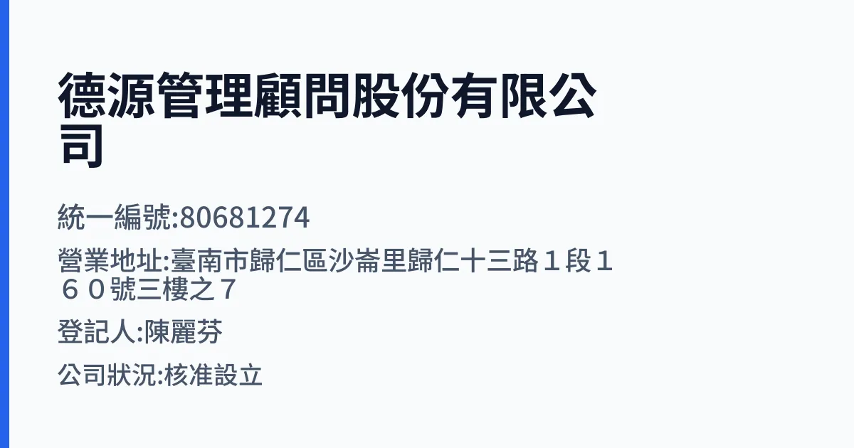 德源管理顧問股份有限公司 - 統編 80681274(臺南市) 公司登記資料與營業項目詳細圖表