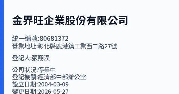 金界旺企業股份有限公司的照片-統編 80681372(彰化縣) 公司登記資料與營業項目詳細圖表
