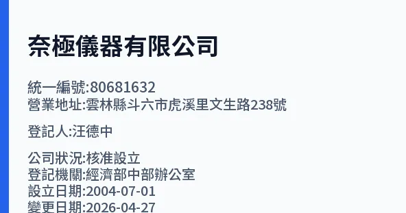 奈極儀器有限公司的照片-統編 80681632(雲林縣) 公司登記資料與營業項目詳細圖表