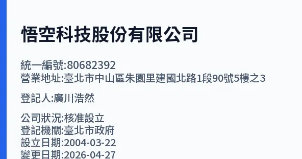 悟空科技股份有限公司的照片-統編 80682392(臺北市) 公司登記資料與營業項目詳細圖表