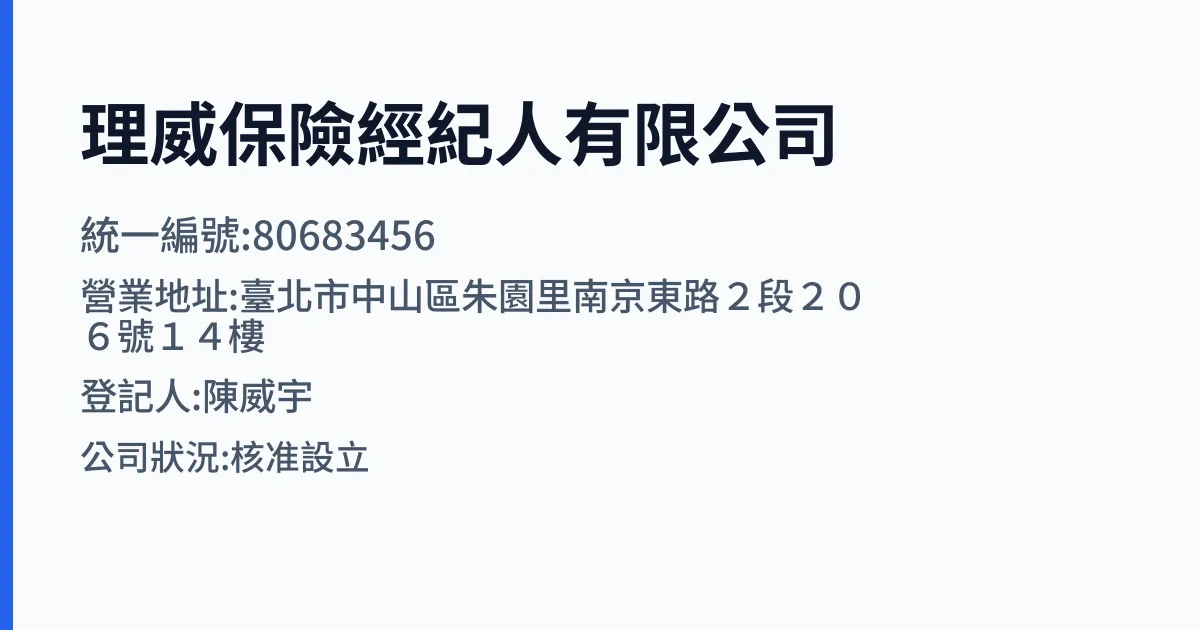 理威保險經紀人有限公司 - 統編 80683456(臺北市) 公司登記資料與營業項目詳細圖表