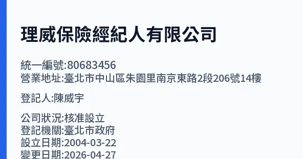 理威保險經紀人有限公司的照片-統編 80683456(臺北市) 公司登記資料與營業項目詳細圖表