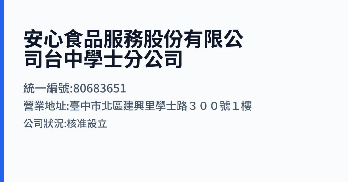 安心食品服務股份有限公司台中學士分公司 - 統編 80683651(臺中市) 公司登記資料與營業項目詳細圖表