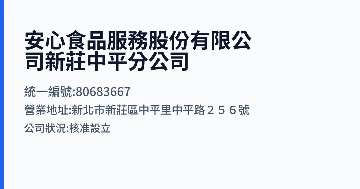 安心食品服務股份有限公司新莊中平分公司 - 統編 80683667(新北市) 公司登記資料與營業項目詳細圖表