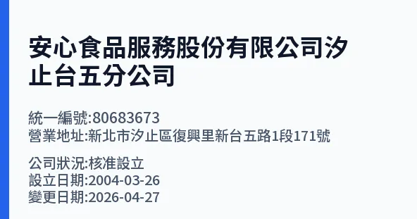 安心食品服務股份有限公司汐止台五分公司的照片-統編 80683673(新北市) 公司登記資料與營業項目詳細圖表