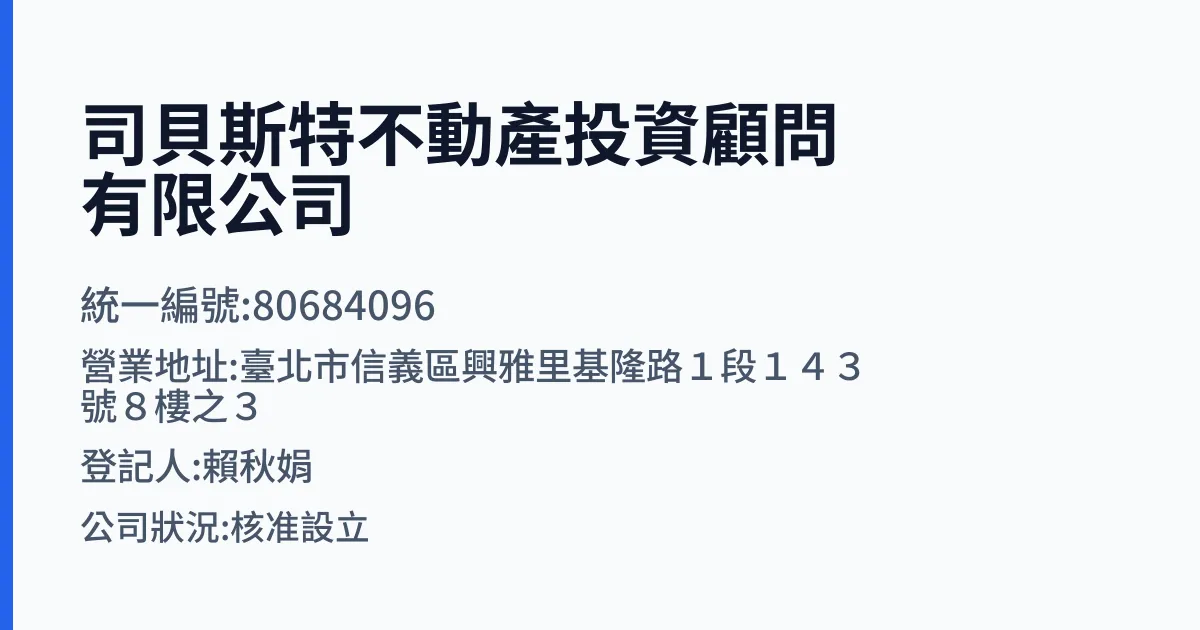司貝斯特不動產投資顧問有限公司 - 統編 80684096(臺北市) 公司登記資料與營業項目詳細圖表