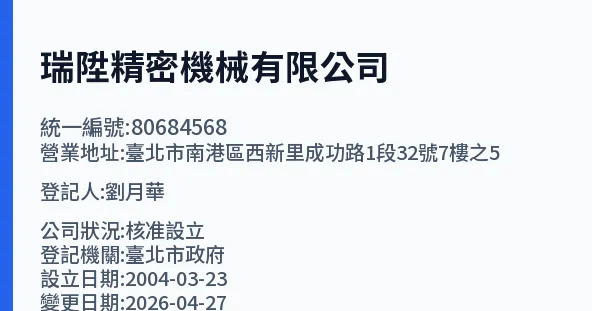 瑞陞精密機械有限公司的照片-統編 80684568(臺北市) 公司登記資料與營業項目詳細圖表