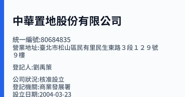 中華置地股份有限公司的照片-統編 80684835(臺北市) 公司登記資料與營業項目詳細圖表