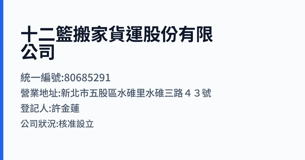 十二籃搬家貨運股份有限公司 - 統編 80685291(新北市) 公司登記資料與營業項目詳細圖表