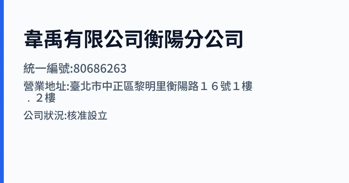 韋禹有限公司衡陽分公司 - 統編 80686263(臺北市) 公司登記資料與營業項目詳細圖表