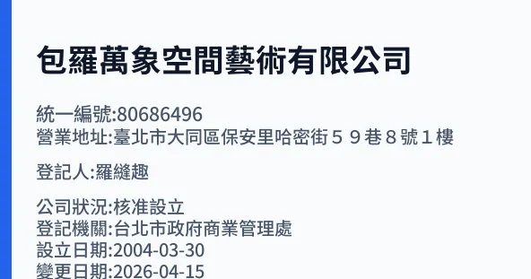 包羅萬象空間藝術有限公司的照片-統編 80686496(臺北市) 公司登記資料與營業項目詳細圖表