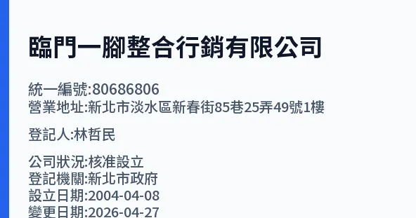 臨門一腳整合行銷有限公司的照片-統編 80686806(新北市) 公司登記資料與營業項目詳細圖表