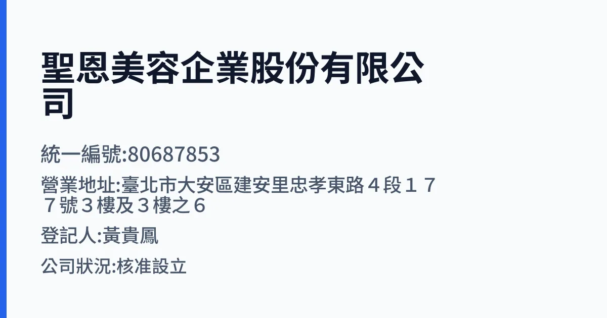 聖恩美容企業股份有限公司 - 統編 80687853(臺北市) 公司登記資料與營業項目詳細圖表