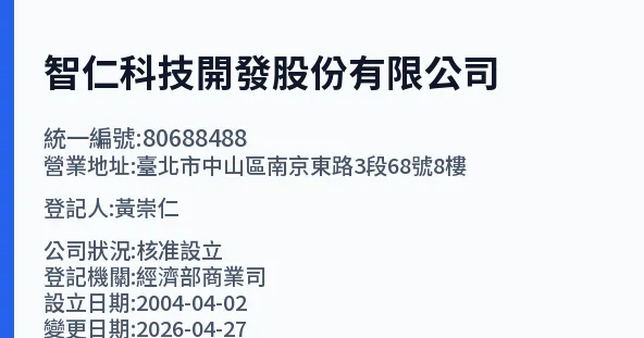智仁科技開發股份有限公司的照片-統編 80688488(臺北市) 公司登記資料與營業項目詳細圖表