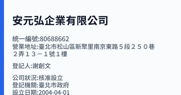 安元弘企業有限公司的照片-統編 80688662(臺北市) 公司登記資料與營業項目詳細圖表
