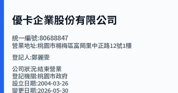 優卡企業股份有限公司的照片-統編 80688847(桃園市) 公司登記資料與營業項目詳細圖表