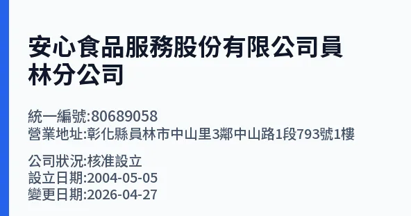 安心食品服務股份有限公司員林分公司的照片-統編 80689058(彰化縣) 公司登記資料與營業項目詳細圖表