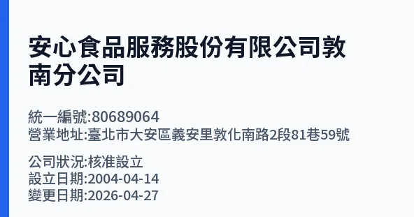 安心食品服務股份有限公司敦南分公司的照片-統編 80689064(臺北市) 公司登記資料與營業項目詳細圖表