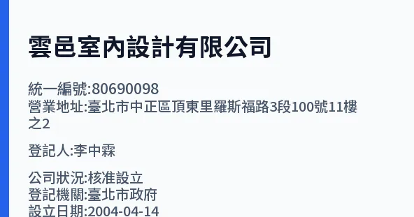 雲邑室內設計有限公司的照片-統編 80690098(臺北市) 公司登記資料與營業項目詳細圖表