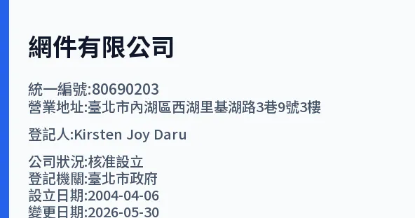 網件有限公司的照片-統編 80690203(臺北市) 公司登記資料與營業項目詳細圖表