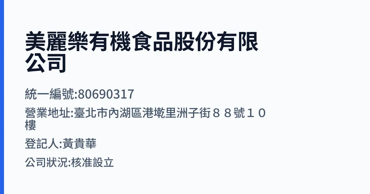 美麗樂有機食品股份有限公司 - 統編 80690317(臺北市) 公司登記資料與營業項目詳細圖表