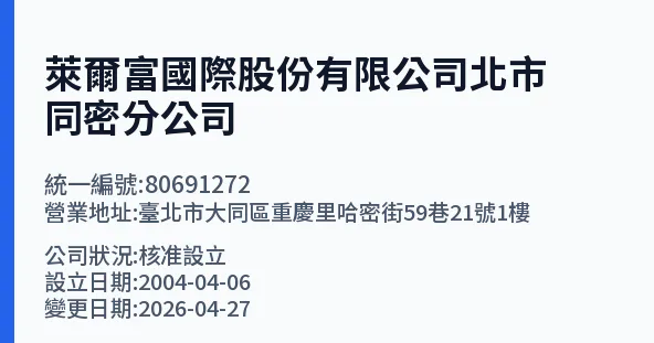 萊爾富國際股份有限公司北市同密分公司的照片-統編 80691272(臺北市) 公司登記資料與營業項目詳細圖表