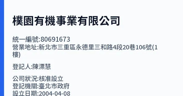 樸園有機事業有限公司的照片-統編 80691673(新北市) 公司登記資料與營業項目詳細圖表
