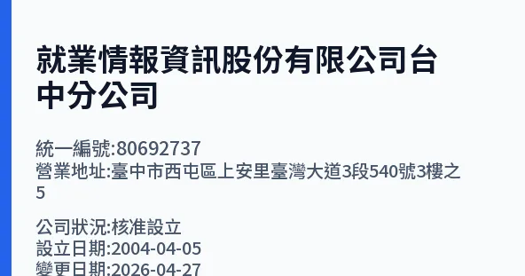 就業情報資訊股份有限公司台中分公司的照片-統編 80692737(臺中市) 公司登記資料與營業項目詳細圖表