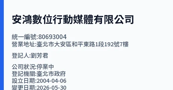 安鴻數位行動媒體有限公司的照片-統編 80693004(臺北市) 公司登記資料與營業項目詳細圖表