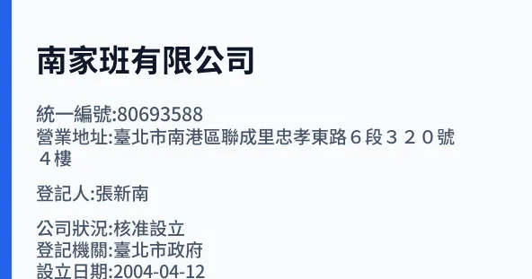 南家班有限公司的照片-統編 80693588(臺北市) 公司登記資料與營業項目詳細圖表
