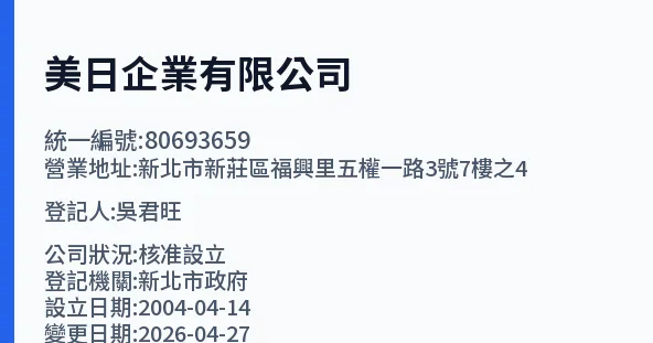 美日企業有限公司的照片-統編 80693659(新北市) 公司登記資料與營業項目詳細圖表