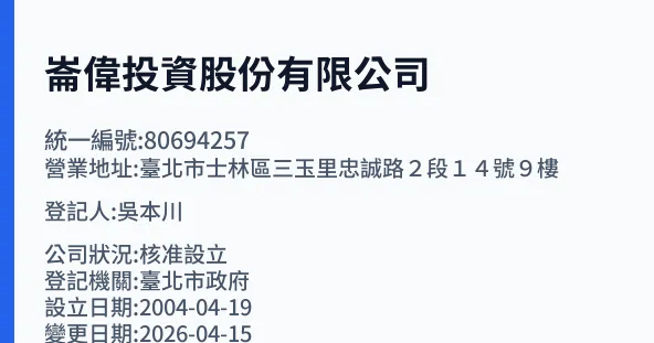 崙偉投資股份有限公司的照片-統編 80694257(臺北市) 公司登記資料與營業項目詳細圖表