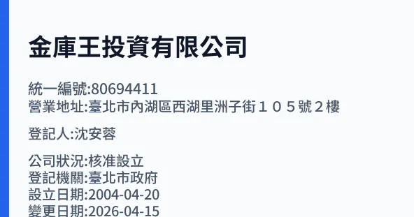 金庫王投資有限公司的照片-統編 80694411(臺北市) 公司登記資料與營業項目詳細圖表