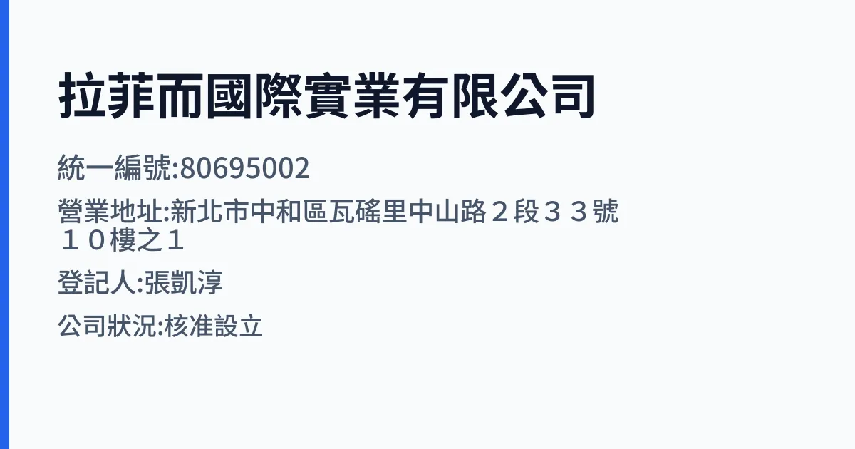 拉菲而國際實業有限公司 - 統編 80695002（新北市） 公司登記資料與營業項目詳細圖表