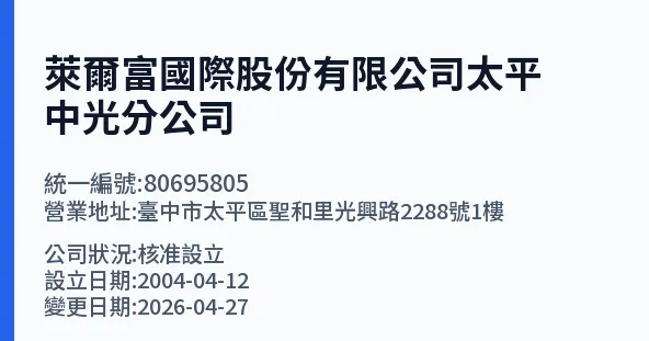 萊爾富國際股份有限公司太平中光分公司的照片-統編 80695805(臺中市) 公司登記資料與營業項目詳細圖表