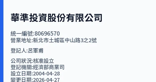 華準投資股份有限公司的照片-統編 80696570(新北市) 公司登記資料與營業項目詳細圖表