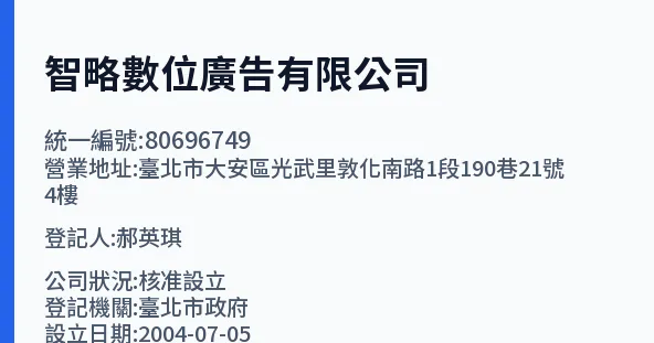 智略數位廣告有限公司的照片-統編 80696749(臺北市) 公司登記資料與營業項目詳細圖表