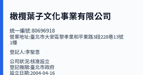 橄欖葉子文化事業有限公司的照片-統編 80696918(臺北市) 公司登記資料與營業項目詳細圖表