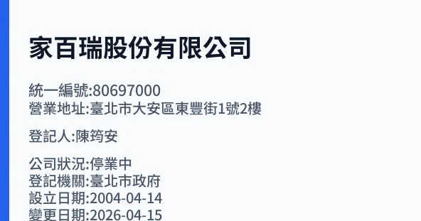 家百瑞股份有限公司的照片-統編 80697000(臺北市) 公司登記資料與營業項目詳細圖表