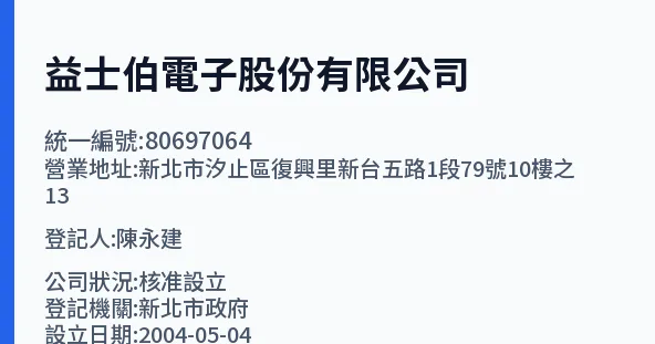 益士伯電子股份有限公司的照片-統編 80697064(新北市) 公司登記資料與營業項目詳細圖表