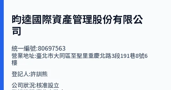 昀逵國際資產管理股份有限公司的照片-統編 80697563(臺北市) 公司登記資料與營業項目詳細圖表