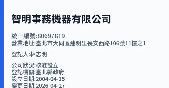 智明事務機器有限公司的照片-統編 80697819(臺北市) 公司登記資料與營業項目詳細圖表