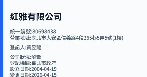 紅雅有限公司的照片-統編 80698438(臺北市) 公司登記資料與營業項目詳細圖表