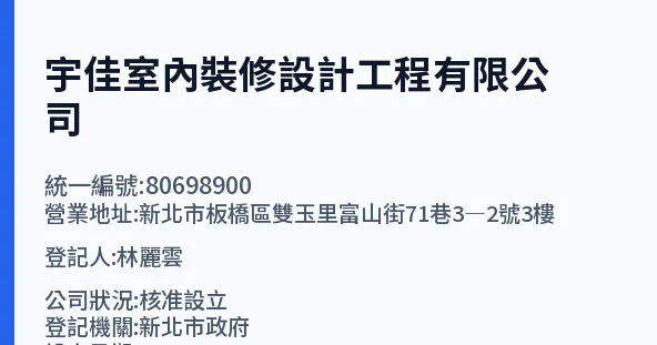 宇佳室內裝修設計工程有限公司的照片-統編 80698900(新北市) 公司登記資料與營業項目詳細圖表