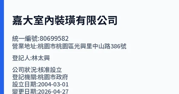 嘉大室內裝璜有限公司的照片-統編 80699582(桃園市) 公司登記資料與營業項目詳細圖表