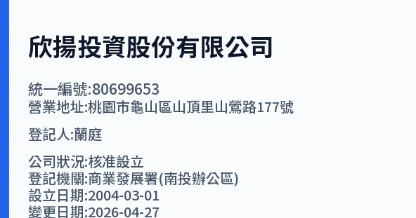 欣揚投資股份有限公司的照片-統編 80699653(桃園市) 公司登記資料與營業項目詳細圖表