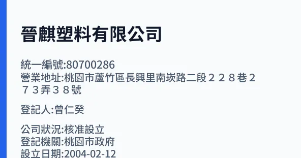 晉麒塑料有限公司的照片-統編 80700286(桃園市) 公司登記資料與營業項目詳細圖表