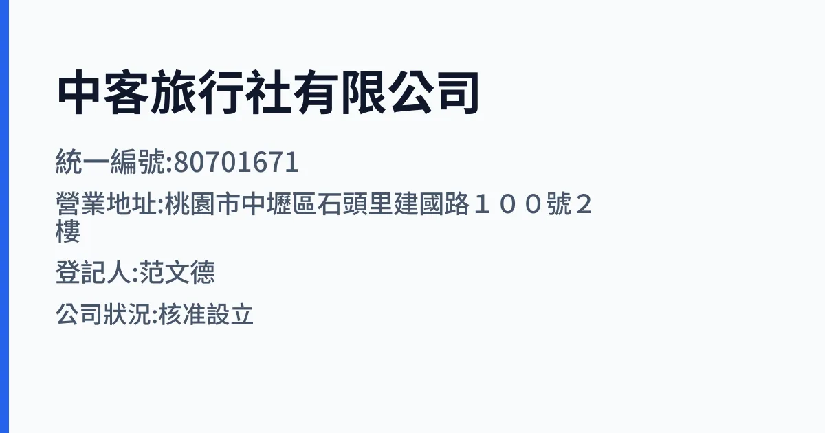 中客旅行社有限公司 - 統編 80701671(桃園市) 公司登記資料與營業項目詳細圖表
