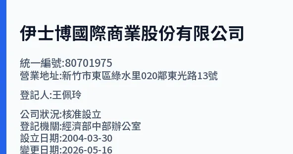 伊士博國際商業股份有限公司的照片-統編 80701975(新竹市) 公司登記資料與營業項目詳細圖表